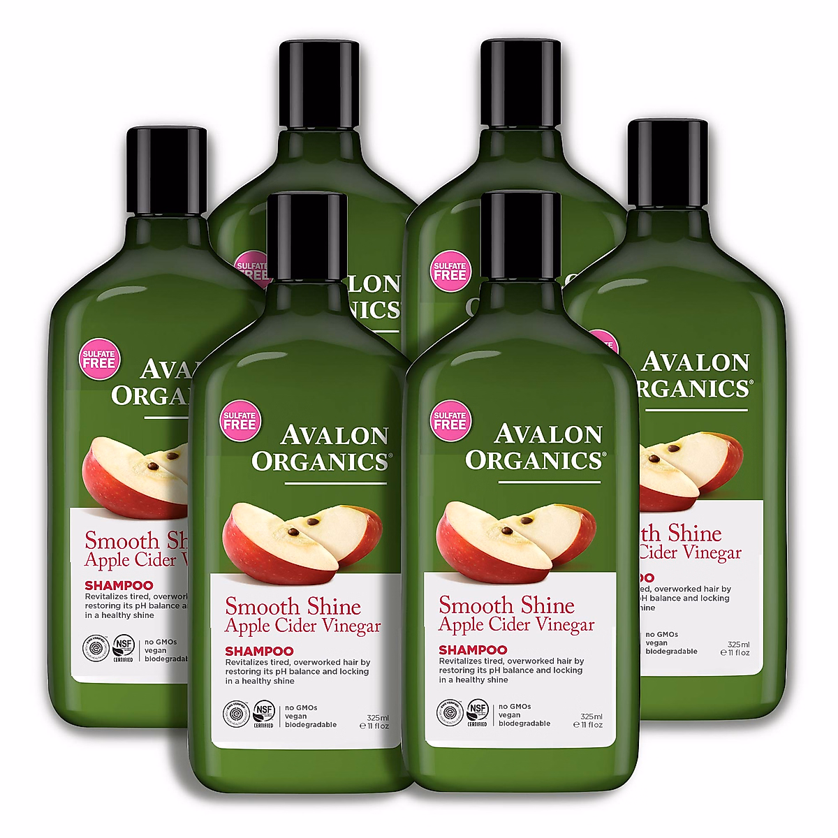 Avalon Organics Shampoo, Smooth Shine Apple Cider Vinegar, 11 Oz (Pack of 6)