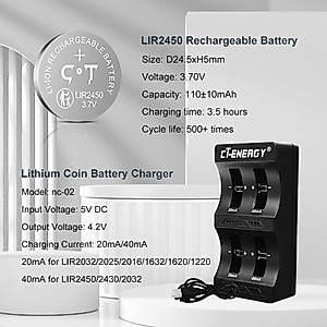 CT-ENERGY Rechargeable CR2450 Batteries 4 Pack with Coin Button Battery Charger,3.7V Rechargeable Lir2450 Battery 120mAh