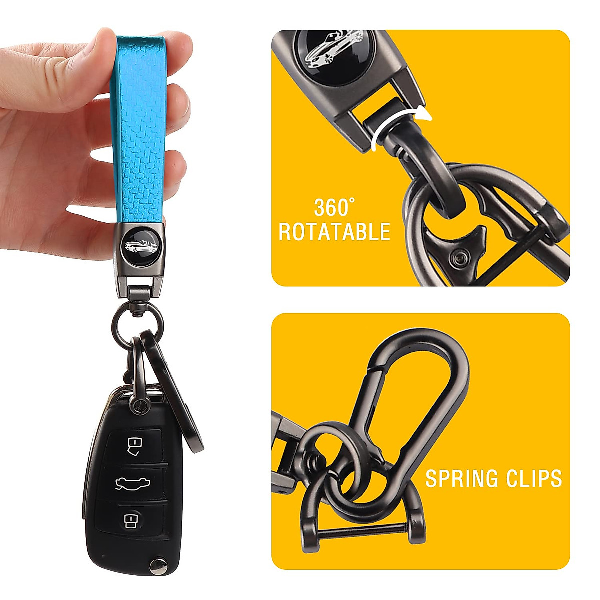 OFBAND Carbon Fiber Keychain,Heavy Duty Metal Car Keys Keychain with 360°Rotatable Lock & Anti-Lost D Ring,Keychains for Women&Man (Blue)