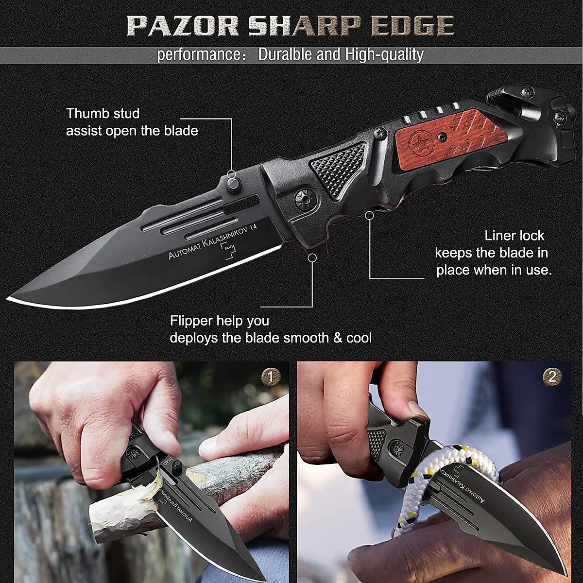 Pocket Knife for Men, Tactical Folding Knives with Clip, Glass Breaker & Seatbelt Cutter, EDC Survival Knife for Emergency, Cool Pocket Knives for Outdoor Camping Hunting Fishing