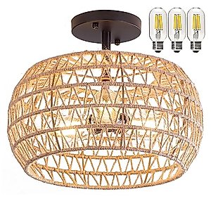 Rattan ceiling light With natural Woven，3-Lights Semi Flush Mount Ceiling Light,twine with Woven Lamp Shade,size 10*12",Boho Ceiling Light Fixtures for Kitchen Dining Room Bedroom Hallway Guesthouse