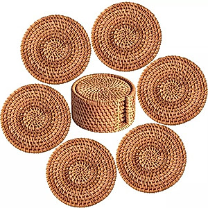 Rattan Coasters, Handmade Teacup Coasters, Creative Gift for Kitchen Table Drinks Crafts Round Natural Coasters Coasters Set of 6 with Holder (3.94in)
