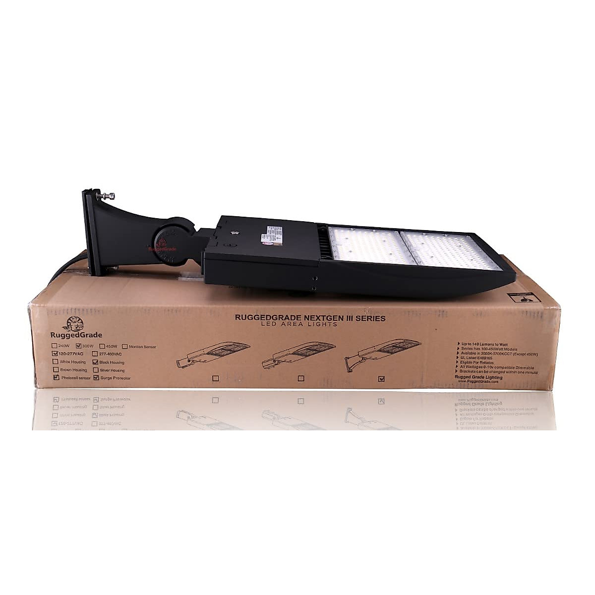 RuggedGrade 42,000 Lumen - 300 watt NextGen III LED Shoebox Lights - Dimmable - with Photocell -ARM Mount