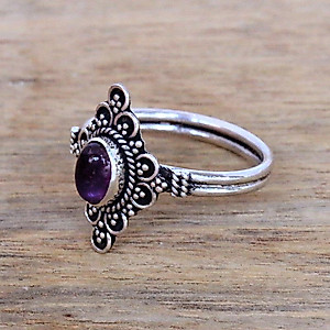 NOVICA Artisan Handcrafted Amethyst Cocktail Ring from Bali Sterling Silver Indonesia Birthstone Geometric [crownbezel 0.2 in H x 0.7 in W x 0.5 in D Band Width 3 mm W] ' Daydream Temple'