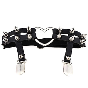 Jurxy 2PCS Gothic Studded Heart Garters Leg Ring Leg Elastic Punk Harness Garter Belt Adjustable Suspender with 2 Metal Clips – Black