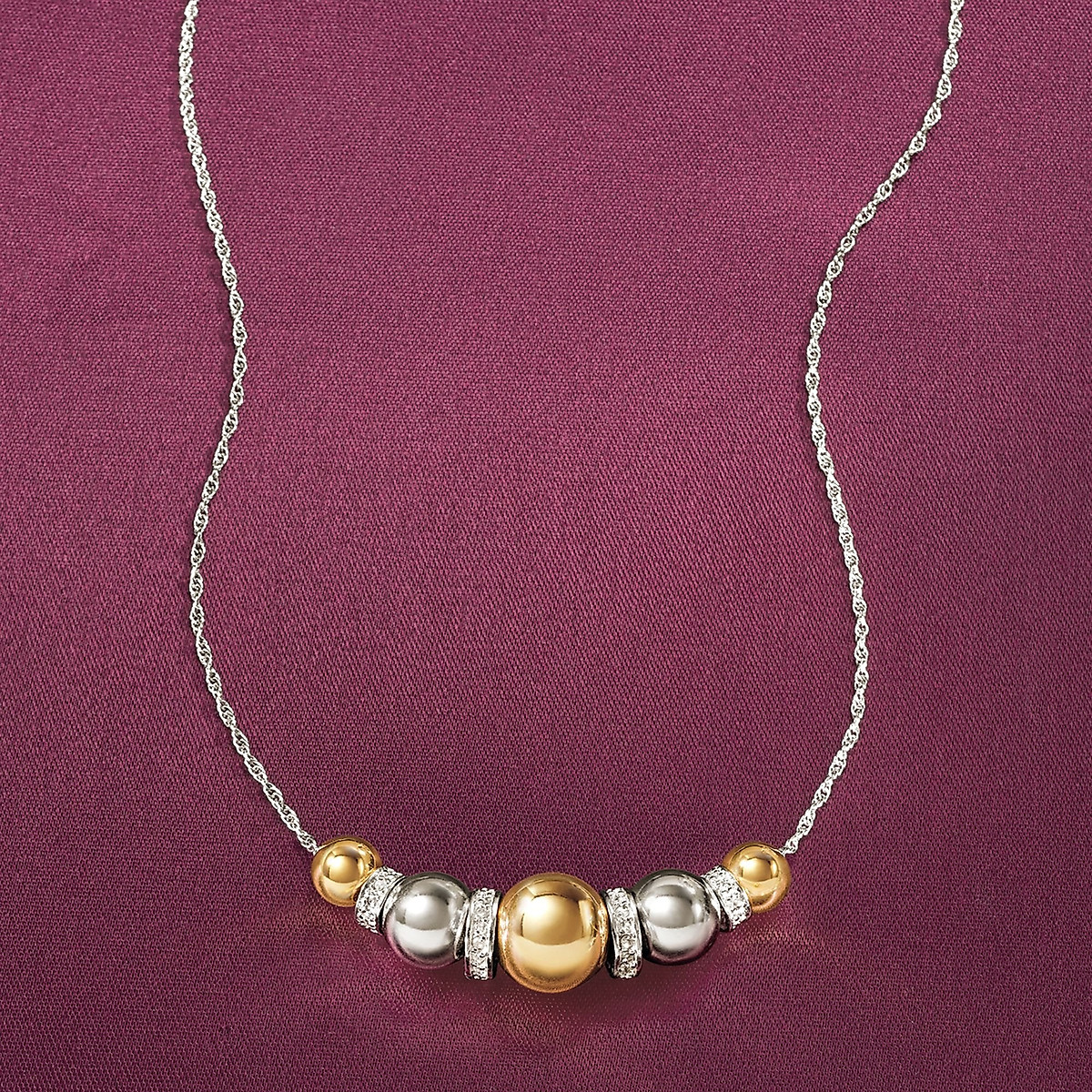 Ross-Simons Sterling Silver and 14kt Yellow Gold Bead Necklace With .35 ct. t.w. Diamonds. 16 inches