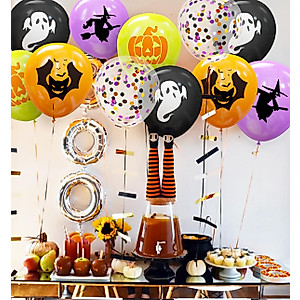 60pcs Halloween Party Balloons 12 Inch Latex Black Orange Purple Green Balloons Printed Ghost Pumpkin Witch Bat Confetti Balloons for Halloween Party Decorations Supplies