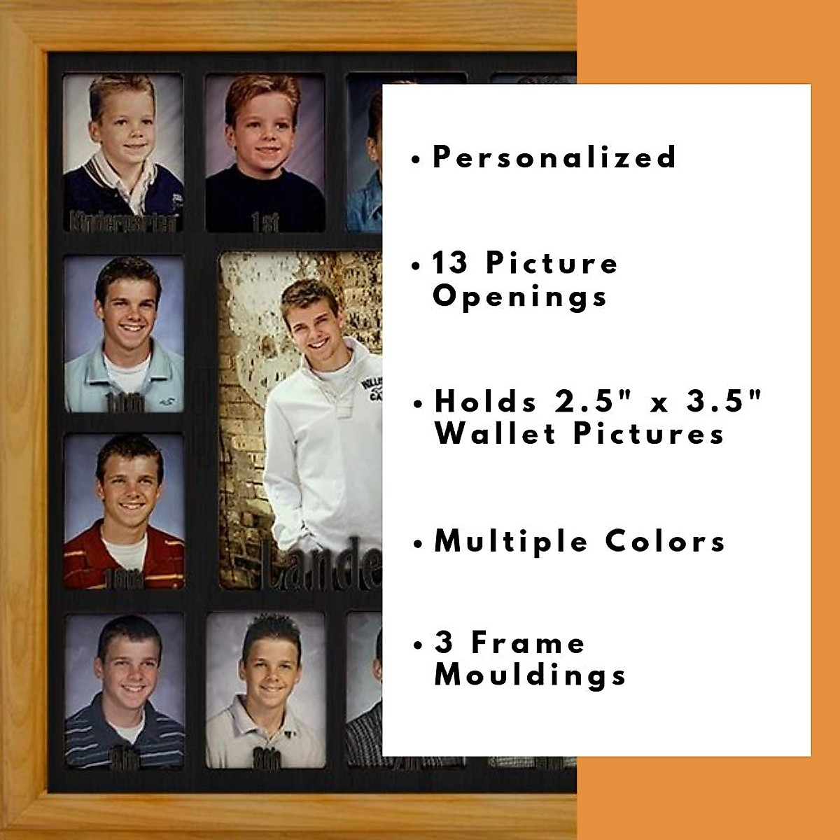 Northland School-Years Picture Frame Personalized - Holds Twelve 2.5" x 3.5" School Photos and 5" x 7" Graduation Picture, Oak Frame, Black Insert, Customizable with any name