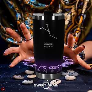sweet grain 20oz Coffee Tumbler - Stainless Steel Double Wall Insulated Constellation Tumbler with Lid and Straw, Personalized Zodiac Gifts for Birthday/Bachelor Party - Cancer