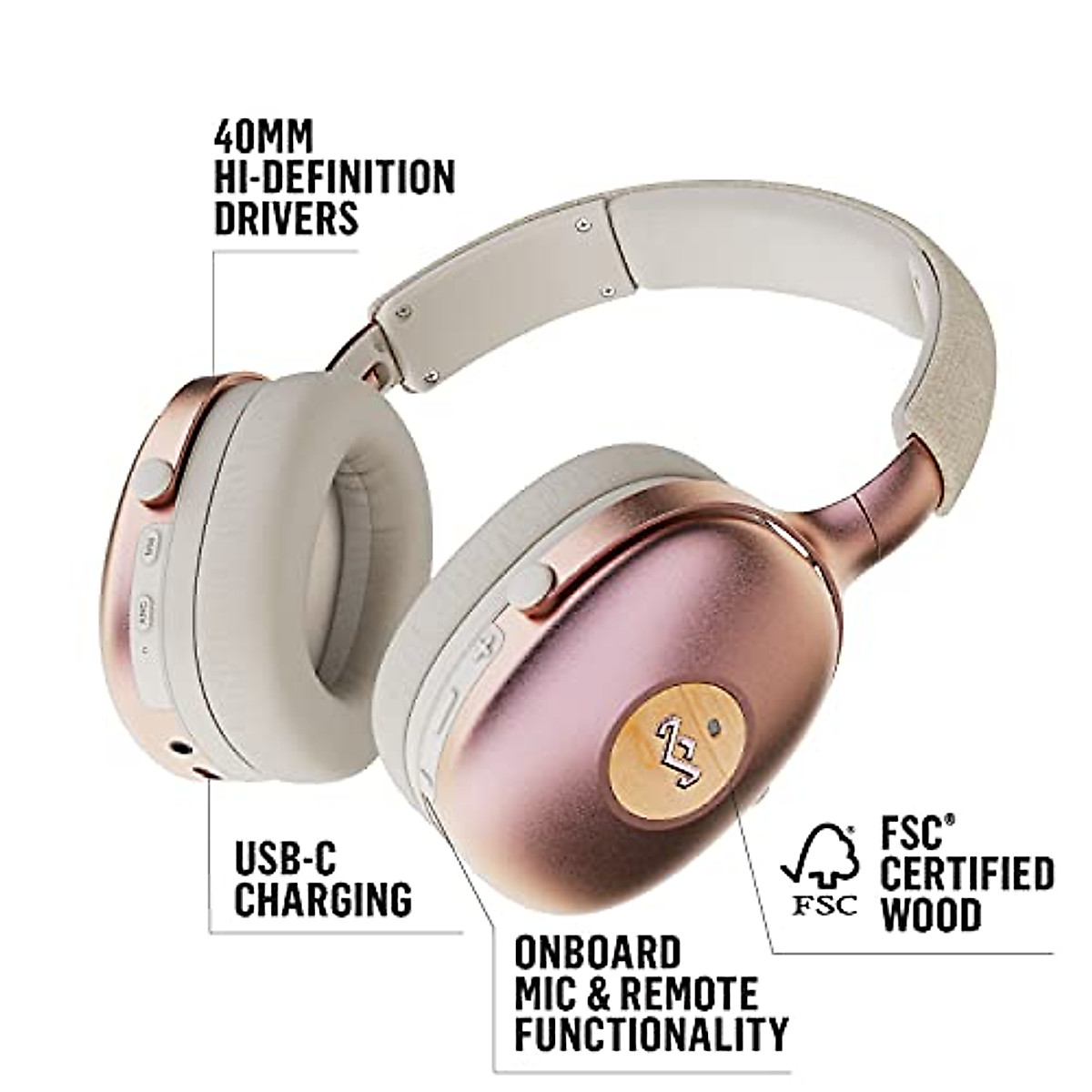 House of Marley Positive Vibration XL ANC: Noise Cancelling Over-Ear Headphones with Microphone, Wireless Bluetooth Connectivity, and 26 Hours of Playtime, Copper