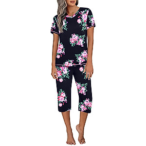 Ekouaer Women's Sleepwear Capri Pajama Sets Short Sleeve Two-Piece Pjs V Neck Tops & Capri Pants with Pockets S-3XL