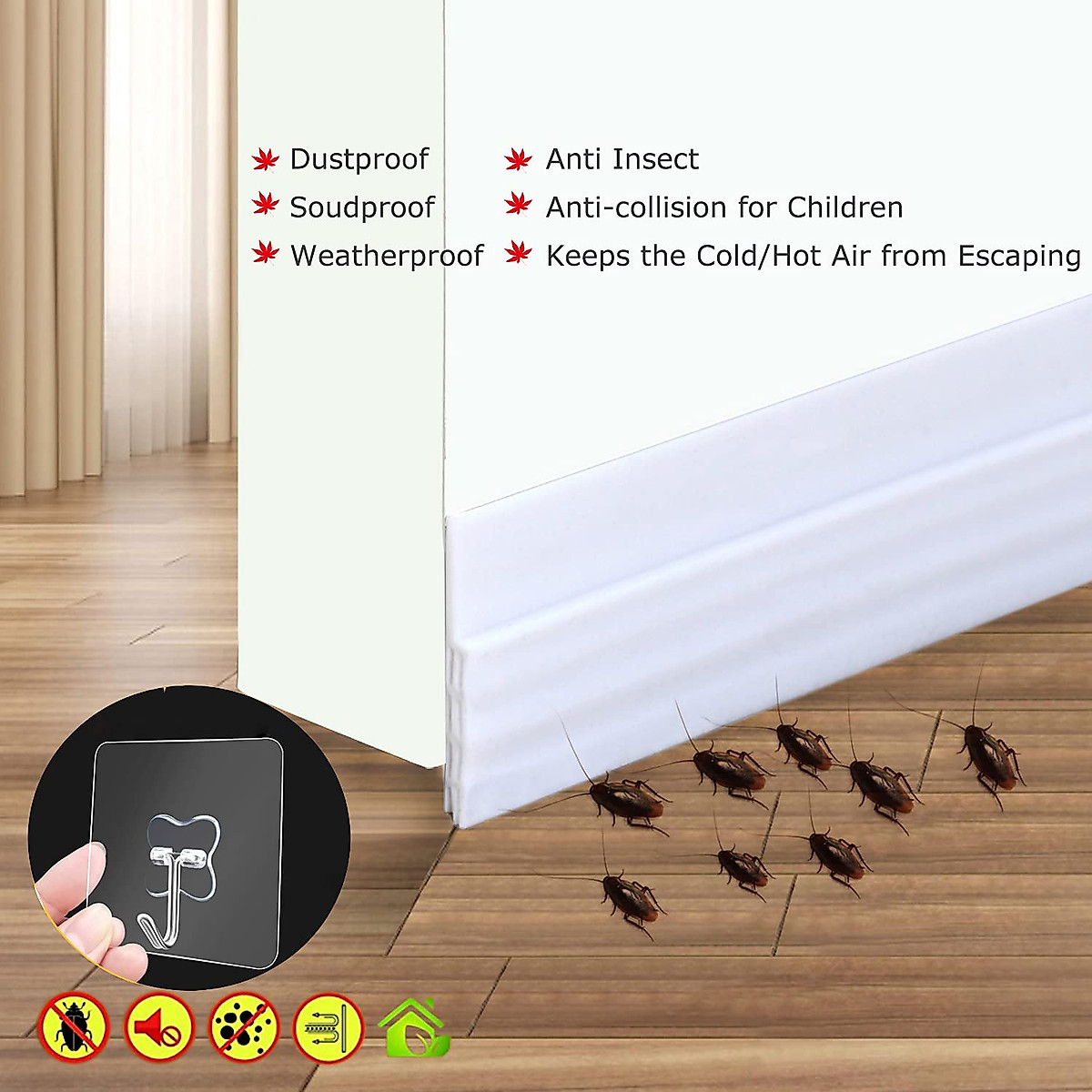 Door Draft Stopper Door Sweep Weather Stipping - Camel Home Self Adhesive Door Seal Soundproof Under Door Bottom Seal Strip Rubber Energy Saver Insulasion Weatherproof, 2" W X 39" L (White)