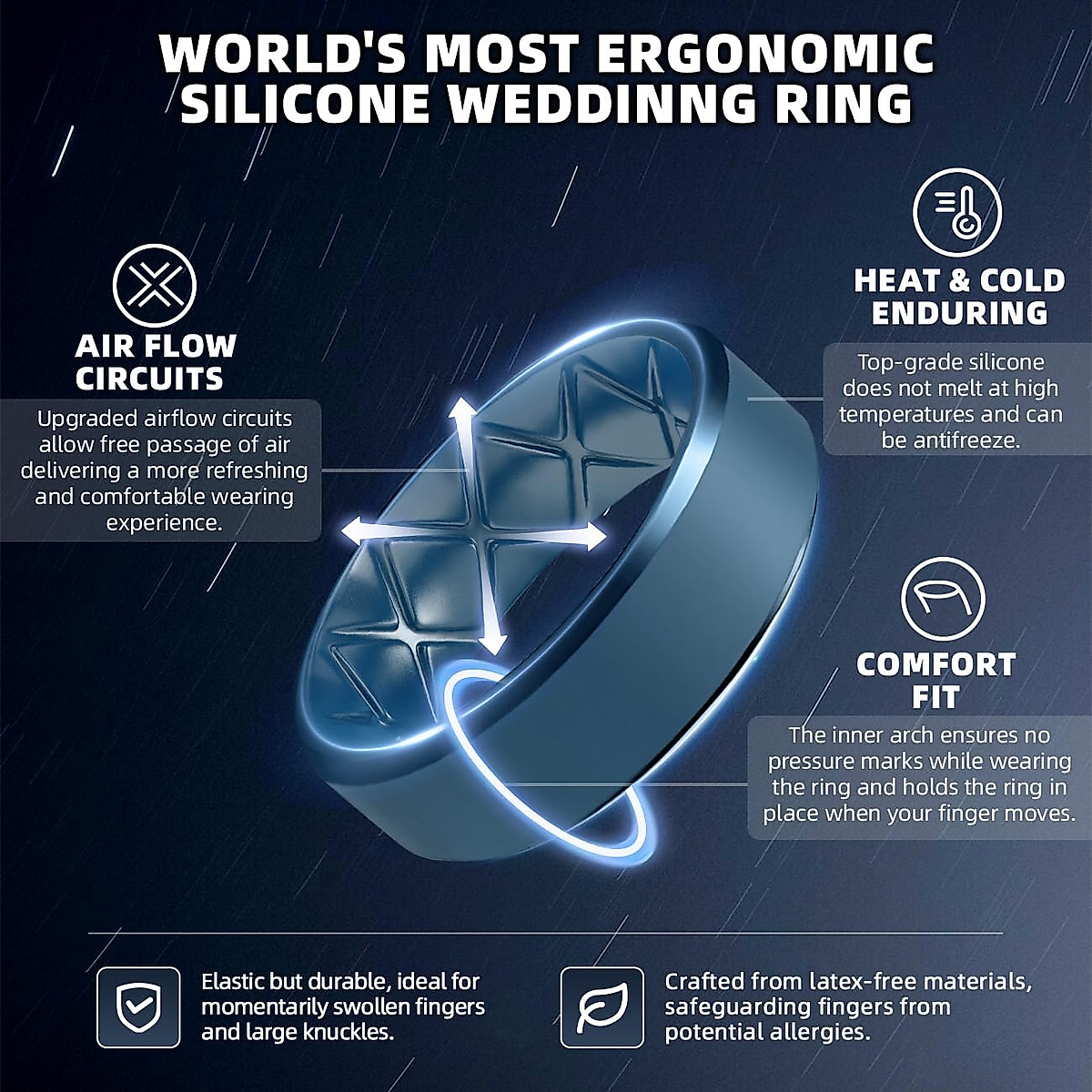 Egnaro Silicone Ring Men, Inner Arc Ergonomic Breathable Design, Mens Silicone Wedding Band 4 Rings / 1 Ring Rubber Wedding Bands, 9mm Wide-2.5mm Thick