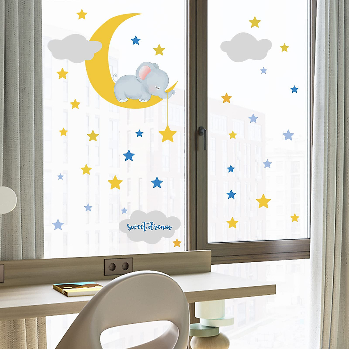 Moon and Stars Wall Stickers, Sleeping Elephant Wall Decals Sweet Dream Decoration for Baby Room Kids Bedroom Nursery and Playroom