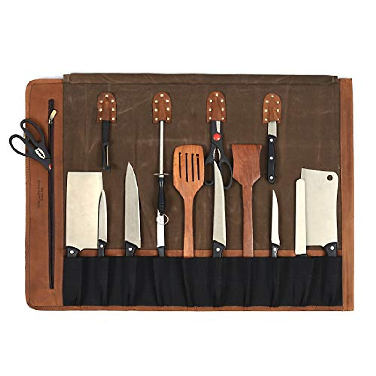 Aaron Leather Goods Leather Knife Roll With Storage Bag, Elastic and Expandable 10 Pockets, Adjustable/Detachable Shoulder Strap, Travel-Friendly Chef Knife Case (Green, Canvas)