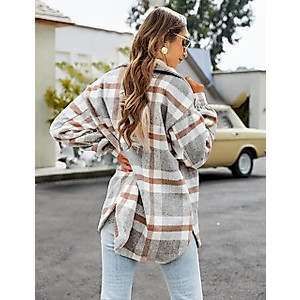 Meyhad Womens Flannel Plaid Jacket Long Sleeve Button Down Pocketed Shirts Coats Shacket (0002-KhakiX1-L)