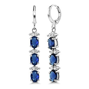 Gem Stone King 7 Inch Blue and White CZ Tennis Bracelet Set With Matching 2 Inch Oval Dangle Earrings For Women