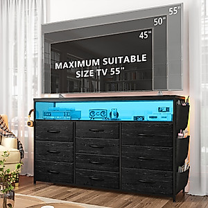 EnHomee 10 Drawer Dresser for Bedroom with Wood Open Shelves，55" TV Stand for Bedroom with Power Outlets and LED Lights，Fabric Dressers & Chest of Drawers with Side Pocket，Living Room，Closet，Black