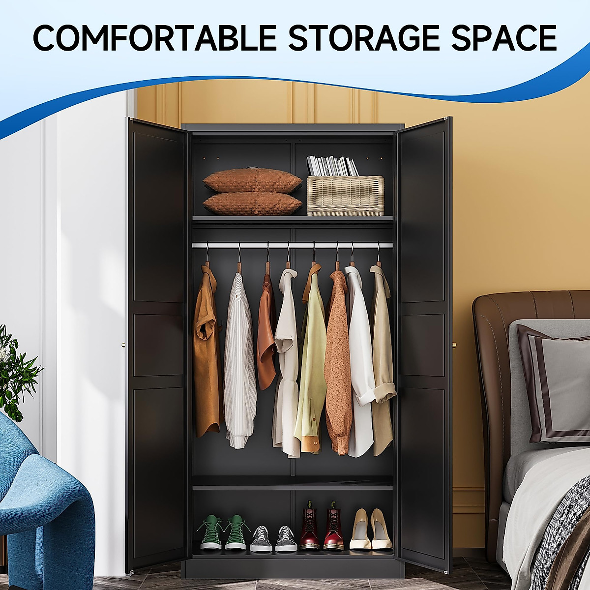 heycode Armoire Wardrobe Closet，72" Metal Clothing Storage Cabinets，with 2 Doors 2 Shelves Steel Wardrobe Storage，for Studio, Classroom, Garage, Gym Clothes Storage Organizer (Black, 72" H)