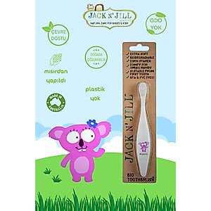 Jack N' Jill Koala Bio Kids, Toddler, and Baby Toothbrush - Vegan, Non-GMO, Biodegradable Cornstarch, BPA Free, PVC Free - Ergonomic, Compostable Handle - Extra Soft, Round Nylon Bristles