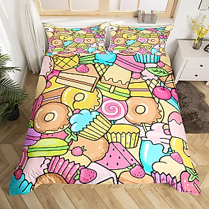 Feelyou Cartoon Ice Cream Duvet Cover Donut Cupcake Bedding Set for Kids Boys Girls Delicious Desert Comforter Cover Girls Sweets Bed Set 1 Duvet Cover with 1 Pillowcase Twin Size (No Comforter)