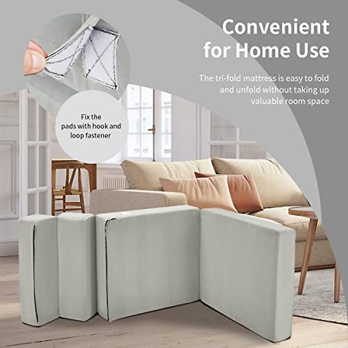 Casart Sofa Bed Tri-Fold Portable Sleeper Folding Memory Foam with Washable Cover Guest Chaise Lounge Padded Cushion Guest Sleeper Chair (Gray)