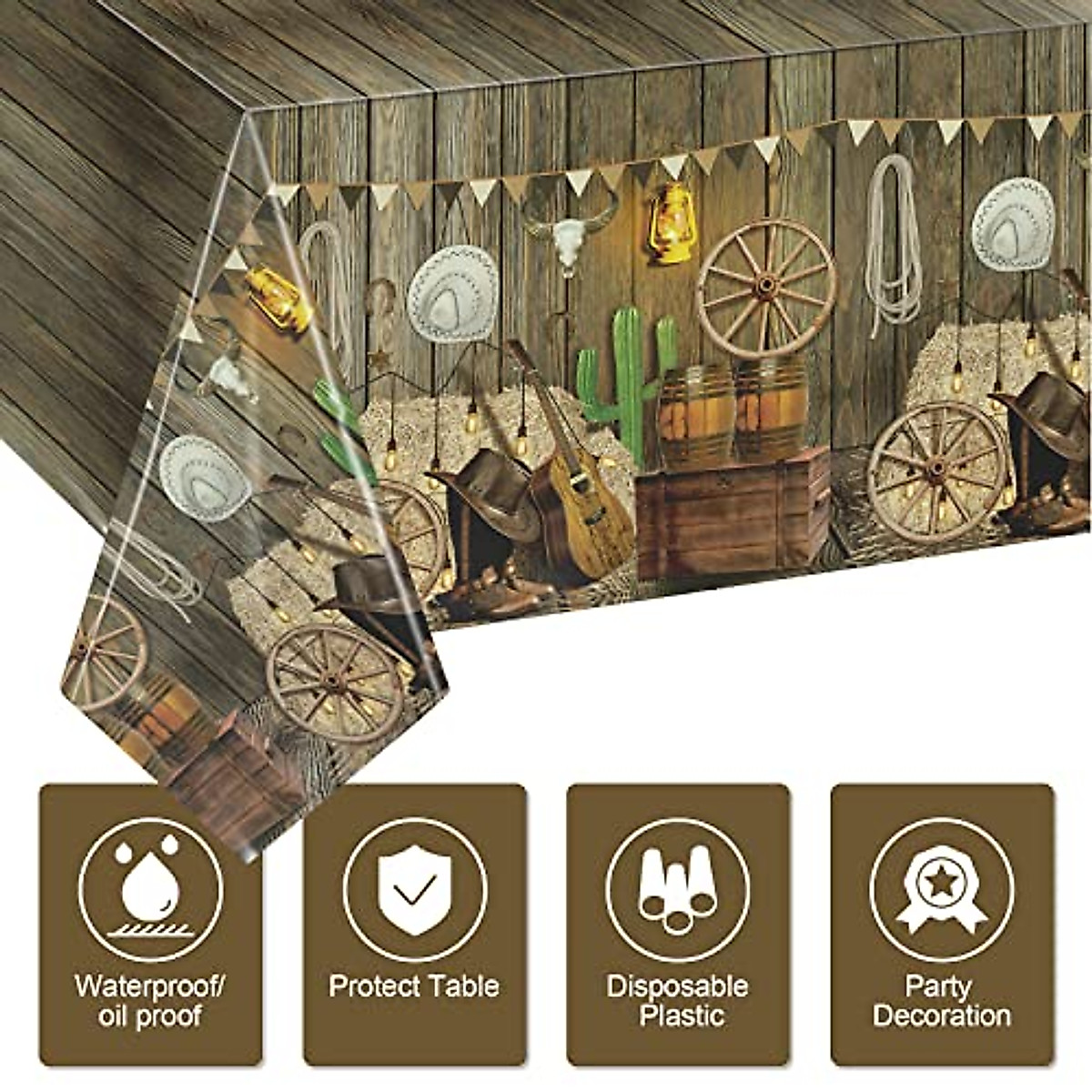 Western Cowboy Party Decorations Western Tablecloth Cowboy Party Table Cover Cowboy Theme Wild West Decor Plastic Wooden House Barn Door Tablecloth for Baby Shower Birthday Party Supplies(3 Pack)