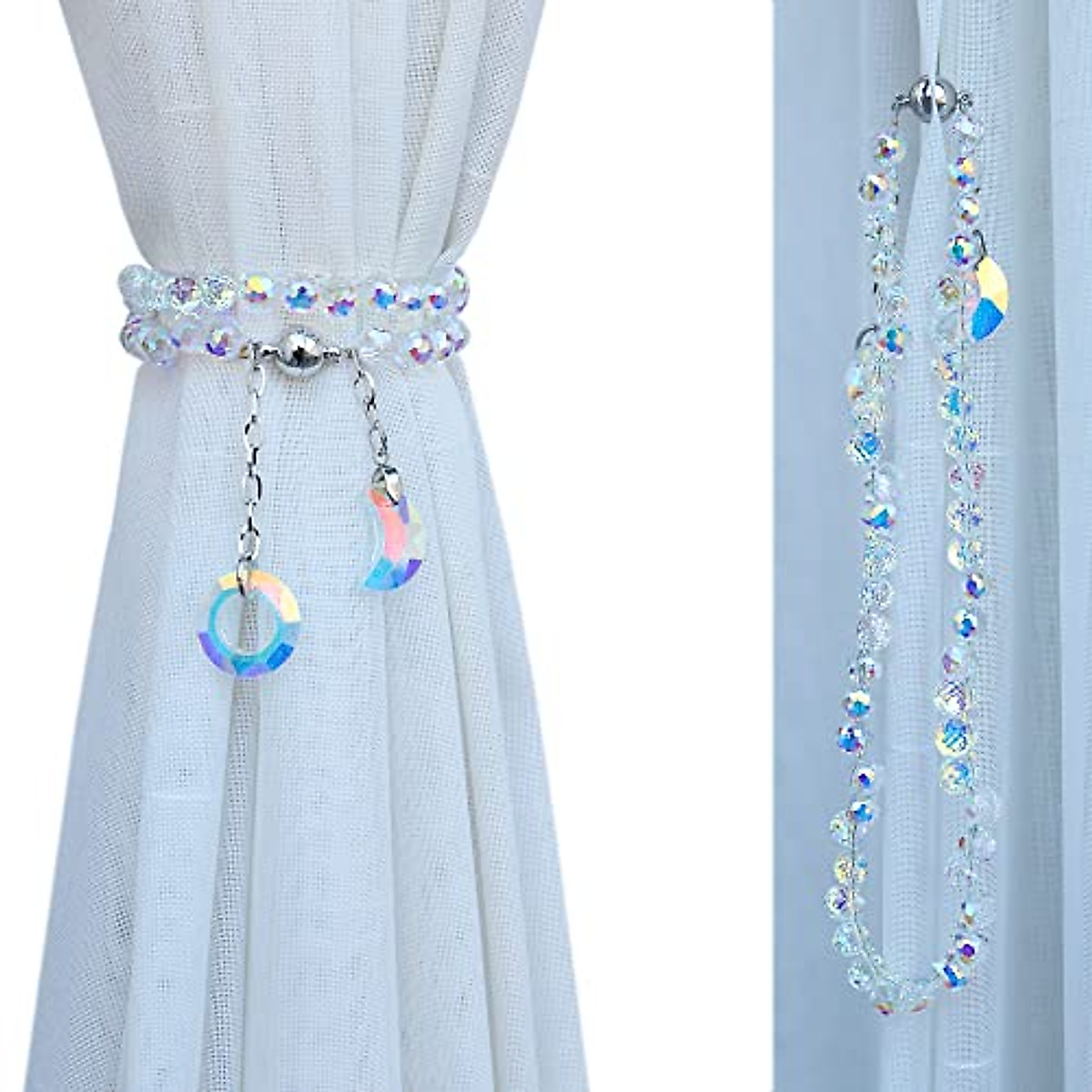 PEDOBO Magnetic Curtain Tiebacks, 2 Pack Crystal Beaded Sun & Moon Pendants Curtain Sheer/Drapery Holdbacks, Beaded Curtain Ties for Window Home Decor (Crystal AB)