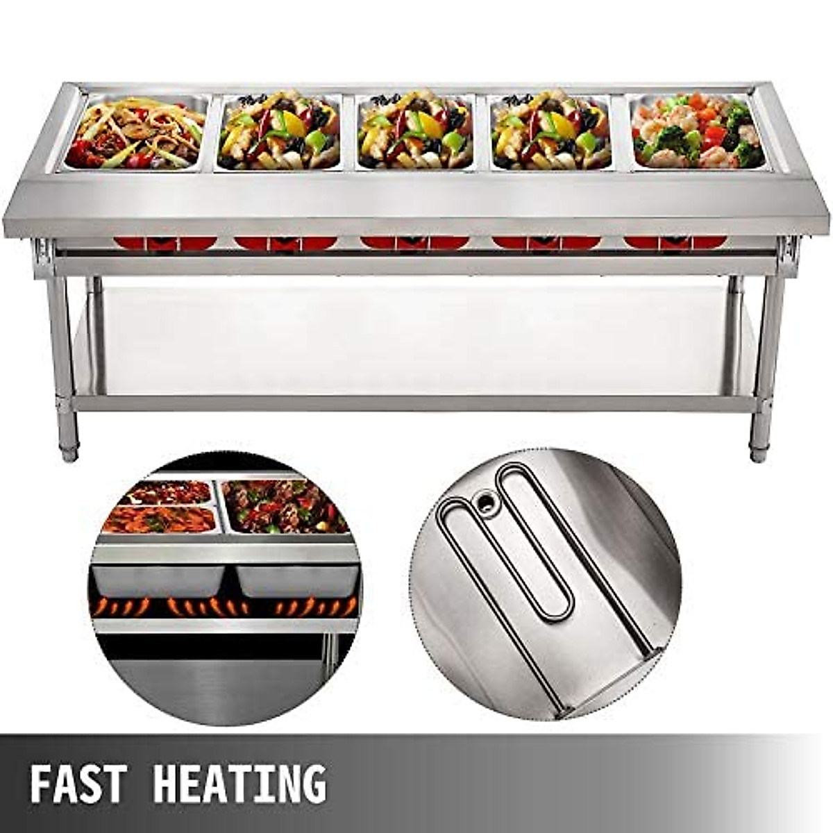 VBENLEM Commercial Electric Food Warmer 5 Pot Steam Table Food Warmer 18 Quart/Pan with Lids with 7 Inch Cutting Board Food Grade Stainless Steel Steam Table Serving Counter 220V 3750W for Restaurant
