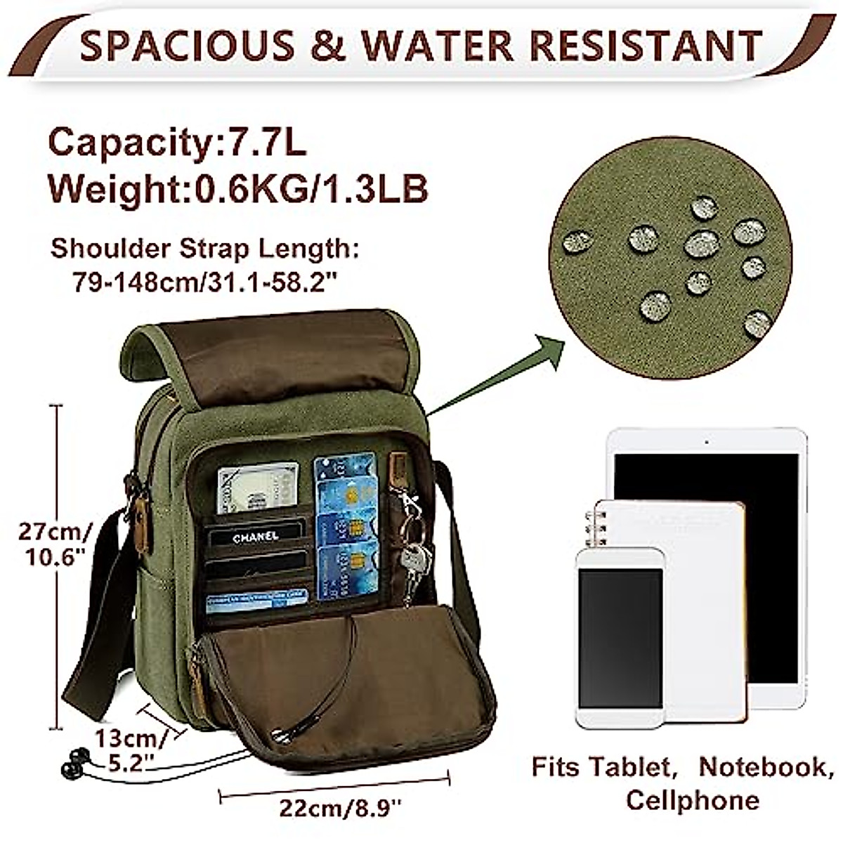 VASCHY Messenger Bag Small, Canvas Water Resistant Crossbody Shoulder Bag Purse for Men and Women Green