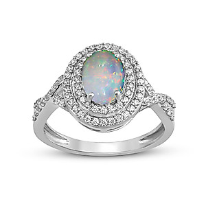Jewelili Sterling Silver 8x6 MM Oval Cut Created Opal and Round Created White Sapphire Halo Engagement Ring, Size 7
