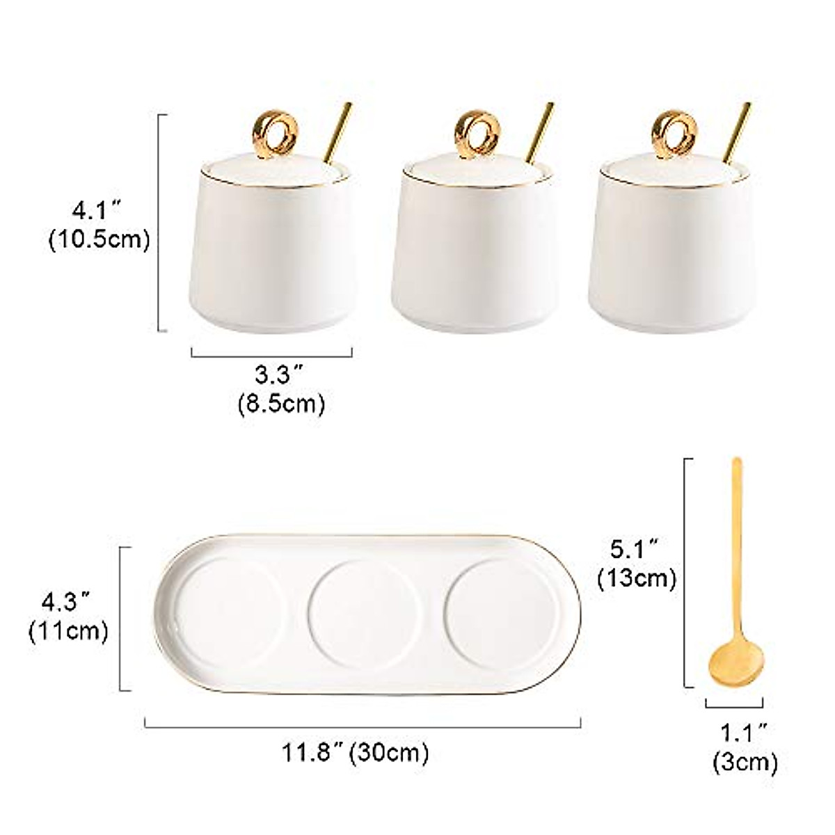 White Ceramic Sugar Bowls Condiment Pots Spice Jars Seasoning Box Set with Lid Spoon and Tray-Sets of 3