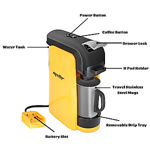 Single Serve Coffee Maker Compatible w/ dewalt 20V Max Battery, One-Button Operation & Auto Shut-off Coffee Machine for K-Cup & Ground, w/ 14.5OZ Reservoir for Home/Outdoor/RV (Battery NOT Included)