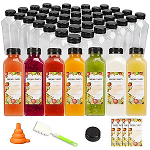 TOMNK 100pcs Plastic Bottles with Caps, 16oz Juice Bottles, Juice Bottles with Caps with Black Caps Juice Bottles with Label, Funnel and Brush Beverage Containers for Juicing, Smoothies, Tea, Milk