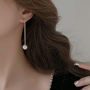 SLUYNZ 925 Sterling Silver Pearl Dangle Earrings Chain for Women Long CZ Dangling Earrings Pearl Drop (B-Gold Plated)