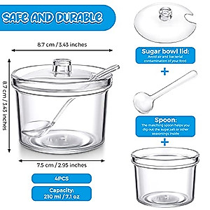 Patelai 4 Pieces Sugar Bowl Acrylic Clear Sugar Bowl with Lid and Salt Spoon Storage Sugar Jar with Airtight Lid for Sugar, Salt, Tea, Spices, Herbs, Condiments (7.1 oz)