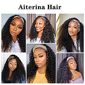 Aiterina Headband Wig Deep Wave 12 Inch Human Hair Headband Wig Curly hair Glueless Human Hair Wigs Machine Made No Lace deep Curly Headband Wig Natural color