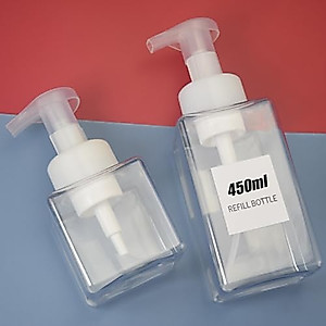 Foaming Soap Dispenser, Refillable Hand Soap Dispenser, Pump Bottle 450ml(16oz), Plastic for Liquid Soap, Shampoo, Body Wash, 2 Pcs (Clear+Clear)