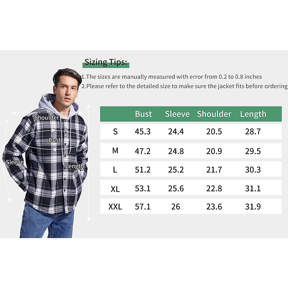 Derbars Men's Cotton Plaid Shirts Jacket Fleece Lined Flannel Shirts Sherpa Button Down Jackets with Hood for Men Black X-Large