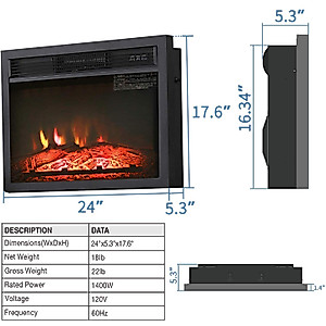 PatioFestival 24 Inch Electric Fireplace Insert 1400W Embedded&Freestanding Realistic Log Flame Effect Heater with Remote Control, 3 Adjustable Flame, Overheating Protection