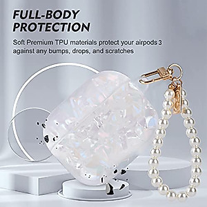 Glitter Shell Design for AirPods 3 (2021)with Pearl Wrist Chain Keychain,Colorful Sparkle Bling Pretty Cute Protective Skin Cover for Airpods 3rd Generation for Women Girls Soft TPU Shock Proof-White