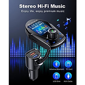 Bluetooth FM Transmitter (Upgraded Version) in-Car Wireless Radio Adapter Kit W 1.8" Color Display Hands-Free Call QC3.0 and Smart 2.4A Dual USB Ports, AUX Input/Output, TF Card MP3 Player