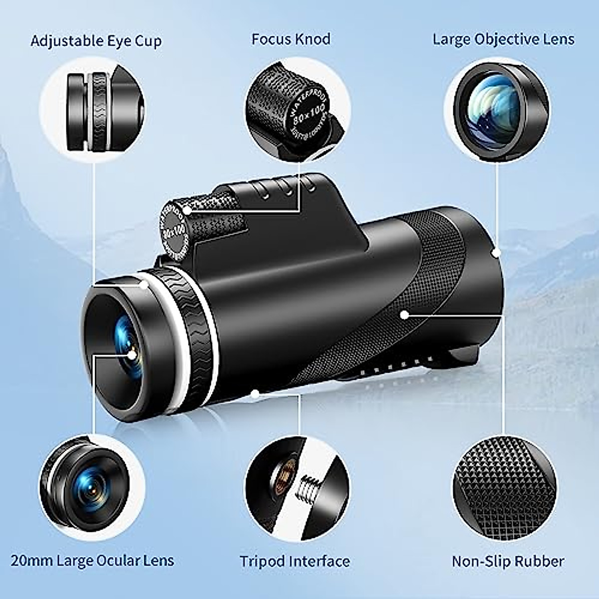 80x100 Monocular Telescope, Eullsi HD Monocular for Adults with Smartphone Adapter & Tripod, Compact Monocular for Bird Watching Hiking Camping Hunting Wildlife Travel (Black)
