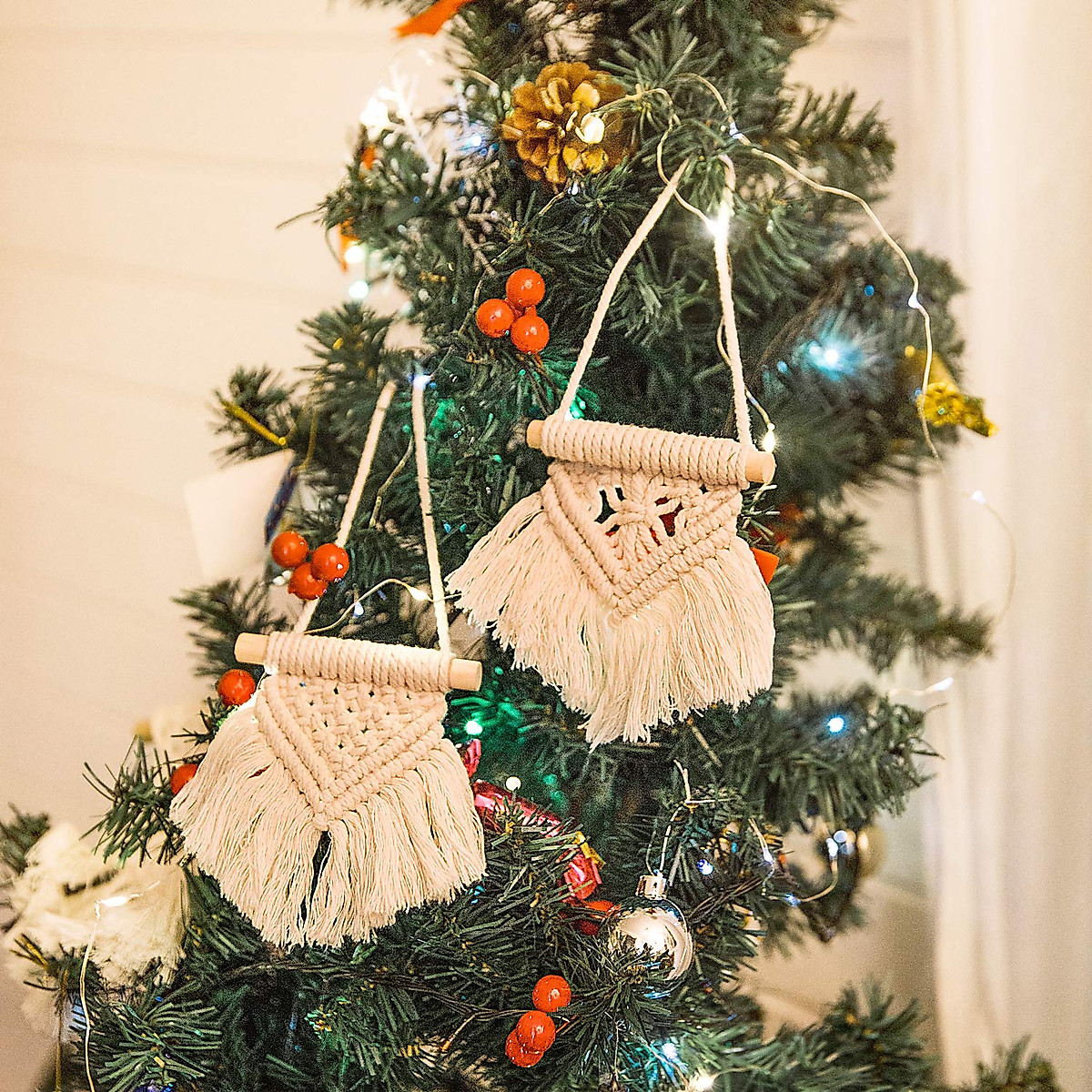 Mkono Mini Macrame Wall Hanging Set of 3 Cute Boho Christmas Tree Decoration Car Ornaments Woven Art Decor for Nursery Bathroom Bedroom Living Room Dorm Home Idea, 3.5''W x 4''H, X-Small