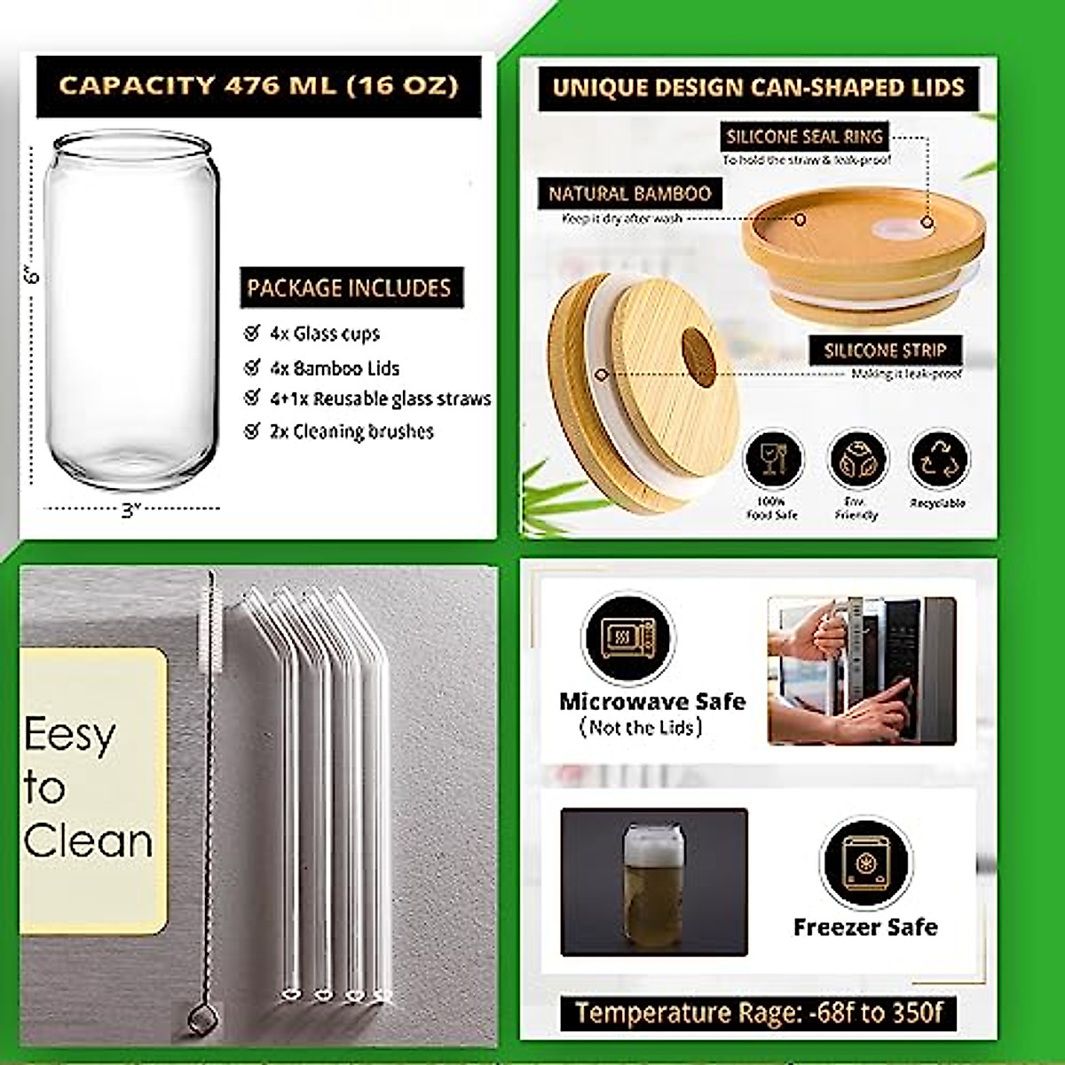 PLASNT Glass Cups with Bamboo Lids and Straws 4 Can Shaped Glasses Glass Can Cup Glass Coffee Cups with Lids and Straw Beer Can Glass with Lids And Straw16 oz