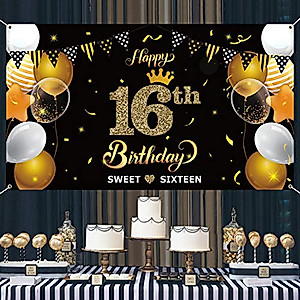 WATINC Happy 16th Birthday Backdrop Banner Background Banners 78” x 45” XtraLarge Backdrops Balloons Black Gold Party Decorations Supplies for Indoor Outdoor Photo Booth Props