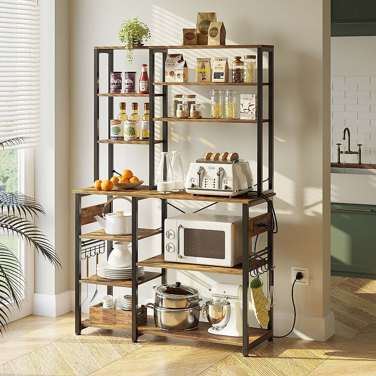 Rolanstar Baker's Rack, 60.9inch 10-Tier Kitchen Utility Storage Shelf with 15 Hooks, Large Kitchen Rack with Power Outlet, Microwave Oven Stand, Stable Coffee Bar, Rustic Brown