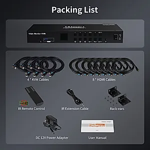 TESmart USB 3.0 HDMI KVM Switch 3 Monitors 4 Computers 4K@60Hz, Headset, Audio&Microphone, EDID emulators, Hotkey Switch, Wired Network, Rack-Ears, 4 Port Triple Monitor KVM Switch with All Cables