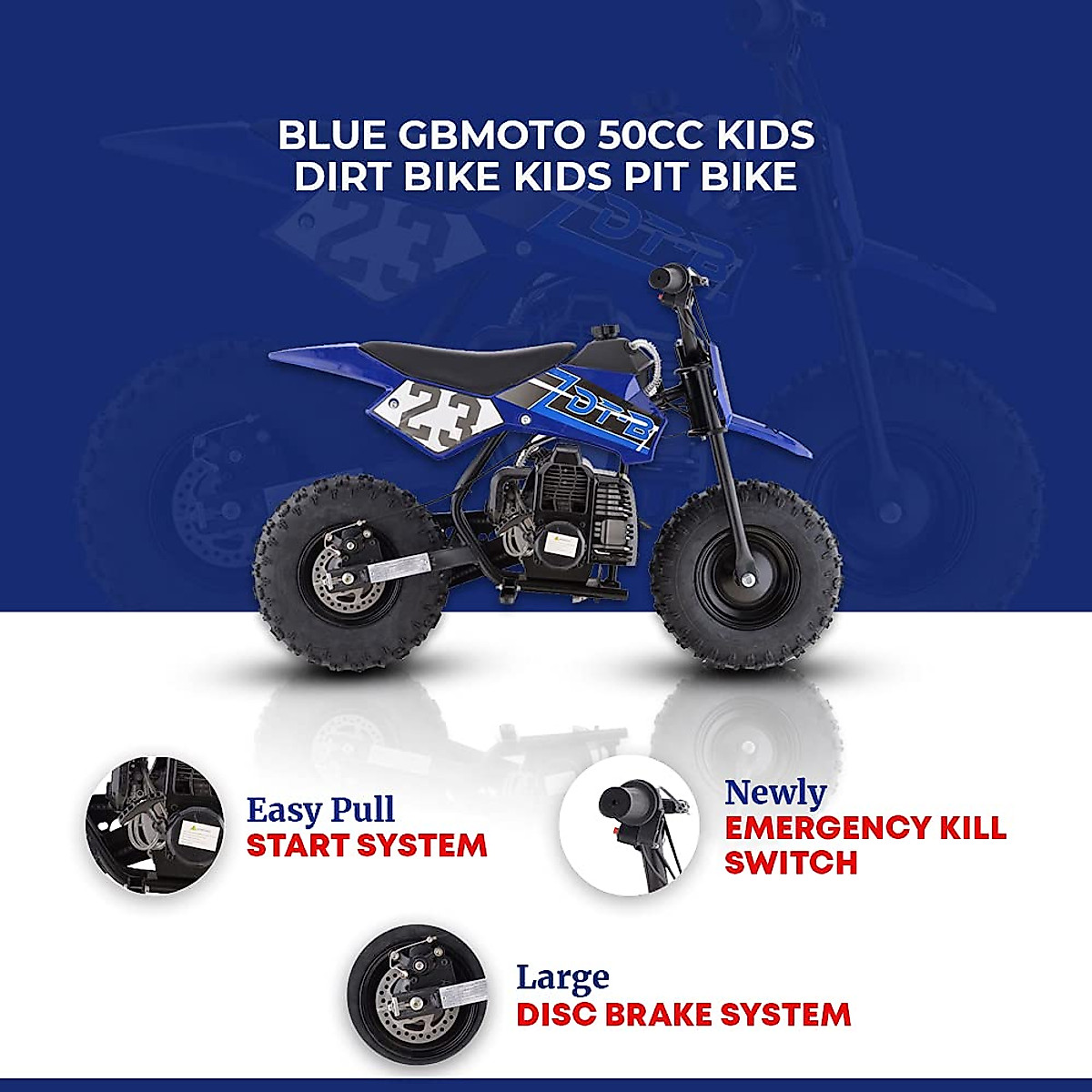 GBmoto Blue 50cc Kids Dirt Bike, Kids Pit Bike, 2-Stroke Gas Dirt Bike