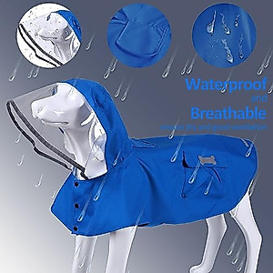 Waterproof Dog Raincoat, Adjustable Reflective Lightweight Pet Rain Clothes with Poncho Hood (Large, Blue)